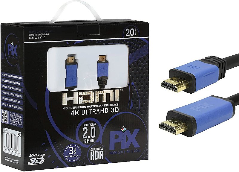Cabo Hdmi Plus 2.0 4K HDR19P 20M - PIX - Sua Casa Conectada Num Click!
