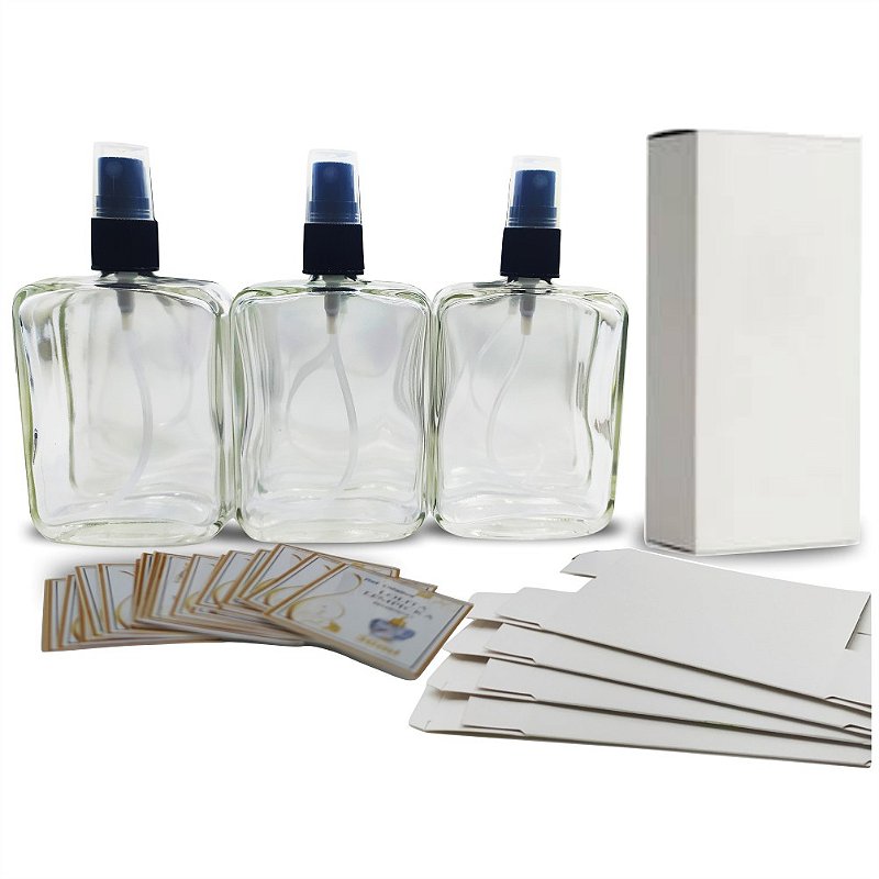 10 Vidros para perfumes de 100ml + Válvula Spray + caixa + rótulos ...