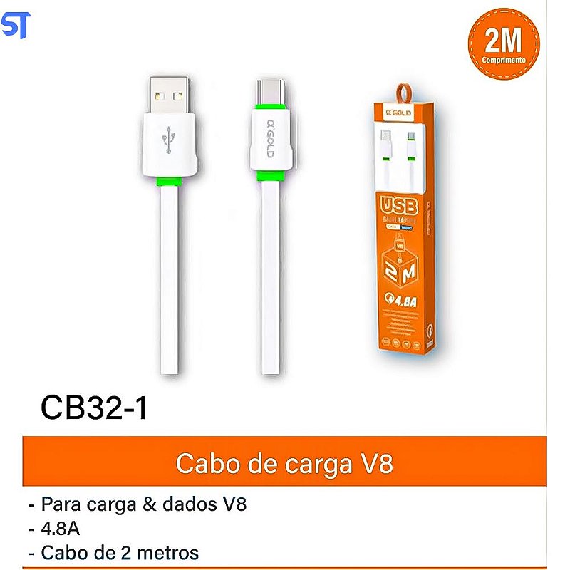 Cabo de USB para V8 A'Gold 4.8A Comprimento 2M- CB32-1 - SobralTech