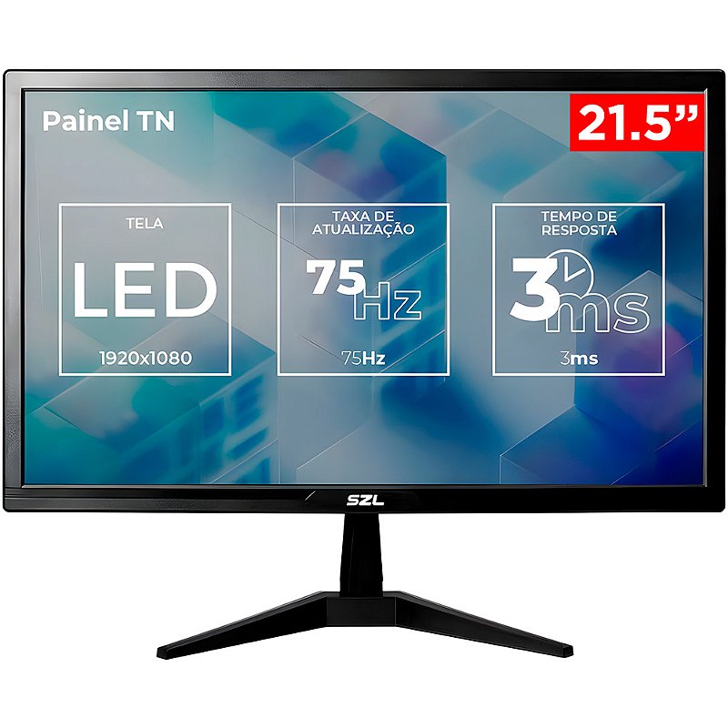 Monitor LED 21,5 Polegadas, SZL TN, FHD, 3ms, 75Hz, HDMI/VGA, SZL-SZL215-BL01 - SobralTech
