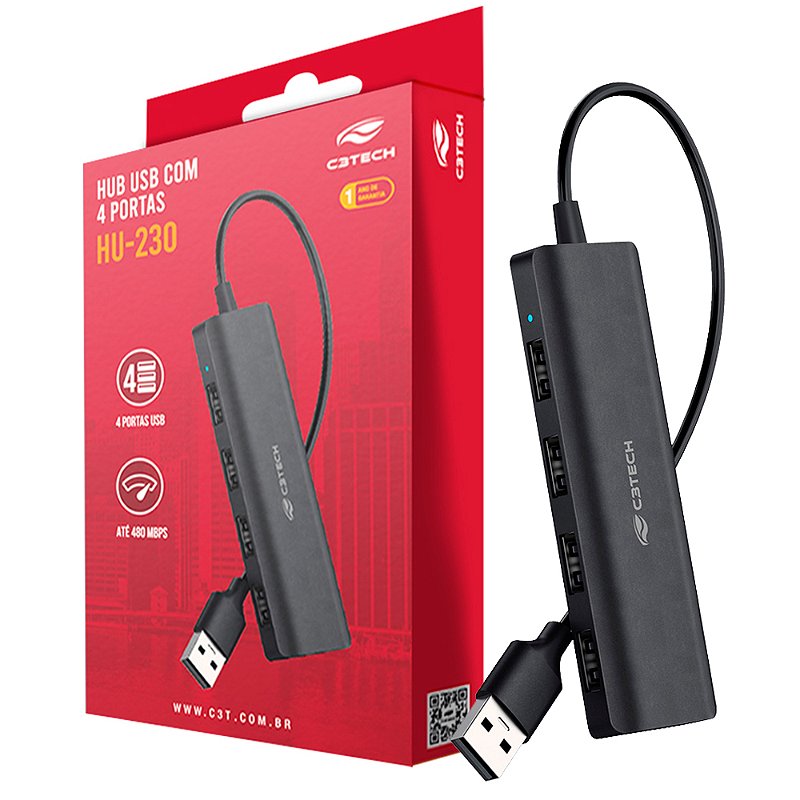 HUB USB 2.0, Com 4 Portas USB 2.0, HU-230BK, C3Tech, Plug and Play, Preto - SobralTech