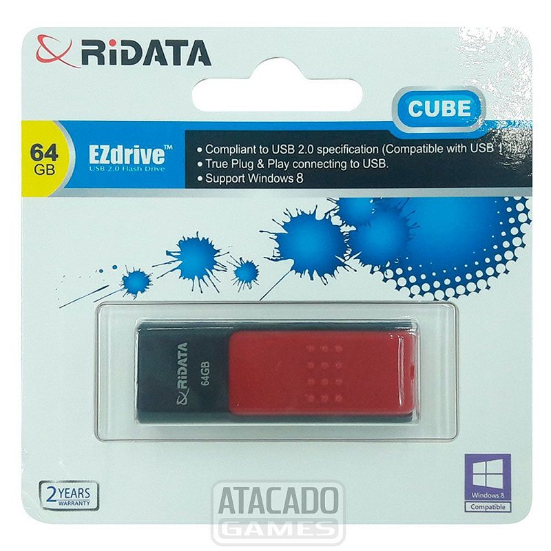 Pendrive Ridata EZdrive Cube 64GB USB 2.0 - Preto/Vermelho - SobralTech
