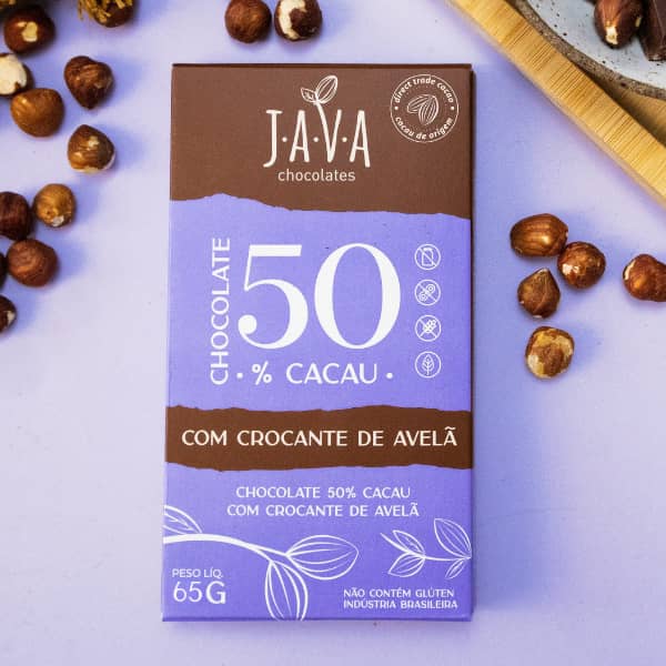 Chocolate de avelã crocante - meio amargo - 65g - Java Chocolates ...