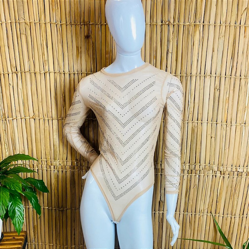 Dança do Ventre Body Manga Longa Segunda Pele Tule Pedrarias Luxuoso ...