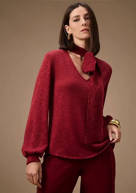 Blusa Maria.Valentina Ajustada Decote V Manga Longa Padrão Bordo - LaCore