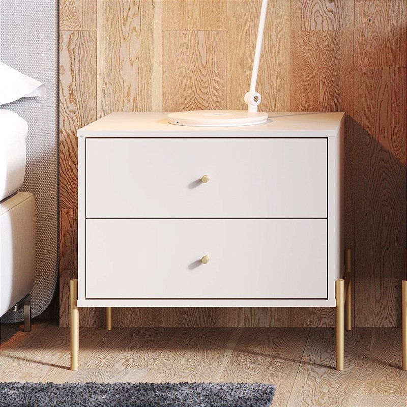 CRIADO MUDO JASPER - 2 GAVETAS - 64X56X45 - OFF WHITE COM DOURADO ...