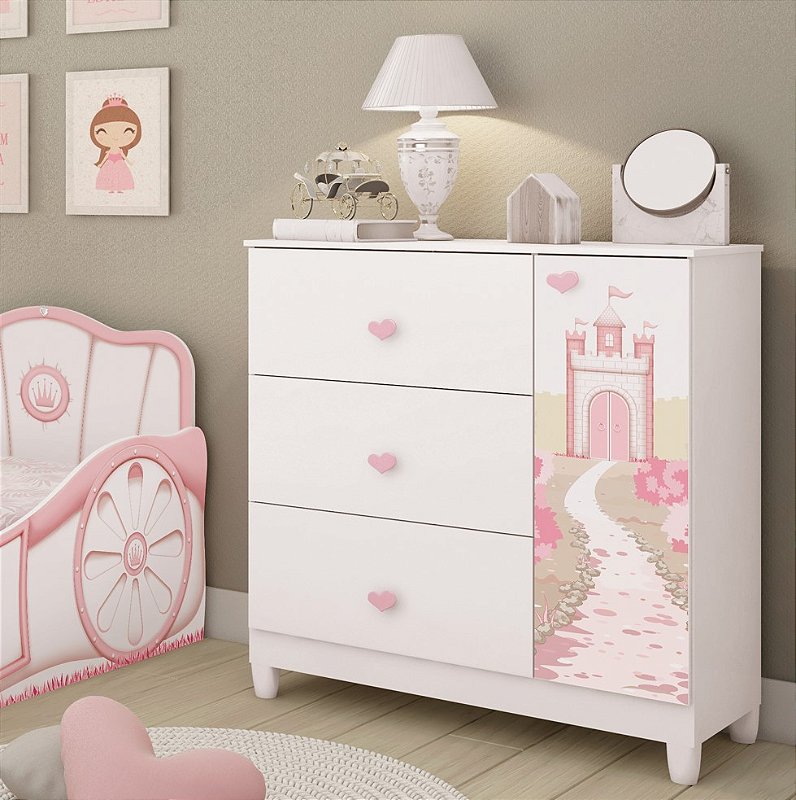 COMODA INFANTIL SOPHIA - 3 GAVETAS E 1 PORTA - BRANCO E ROSA - Casa ...