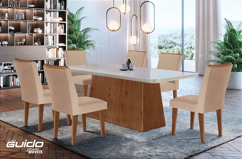 CONJUNTO MESA LUNA - 180X90 COM 6 CADEIRAS LUNARA COM VIDRO - OFF WHITE ...