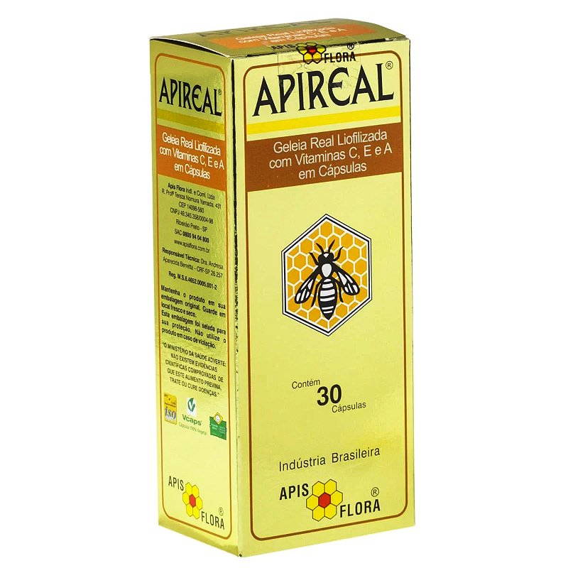 Apireal - Geléia Real Liofilizada Com Vit E, A E C - 30 Cápsulas Apis ...
