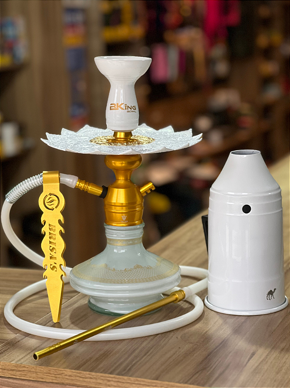 NARGUILE COMPLETO TRITON ZIP - BRANCO C/ DOURADO - Tabacaria Premium