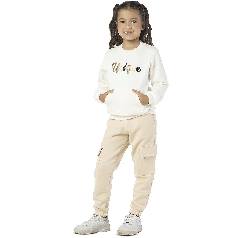 CONJUNTO INFANTIL MENINA LOVE UNIQUE MOLETOM BEGE - VRASALON- Since 1968
