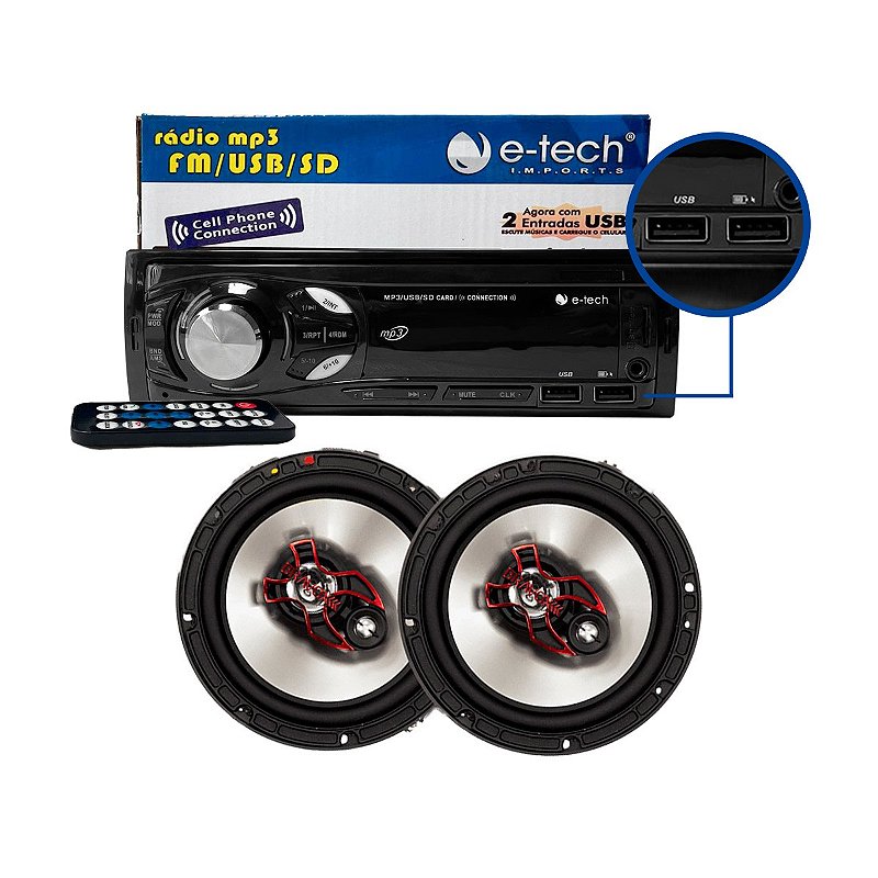 Kit Rádio Carro MP3 Bluetooth + Par Alto Falante 6 Bravox - Mundo Audio