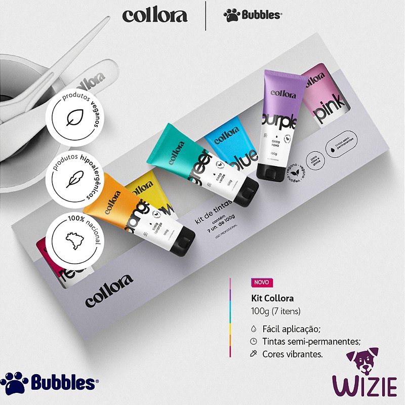 Bubbles - Collora Kit 7 Itens - Wizie Pet - Para o seu Banho e Tosa