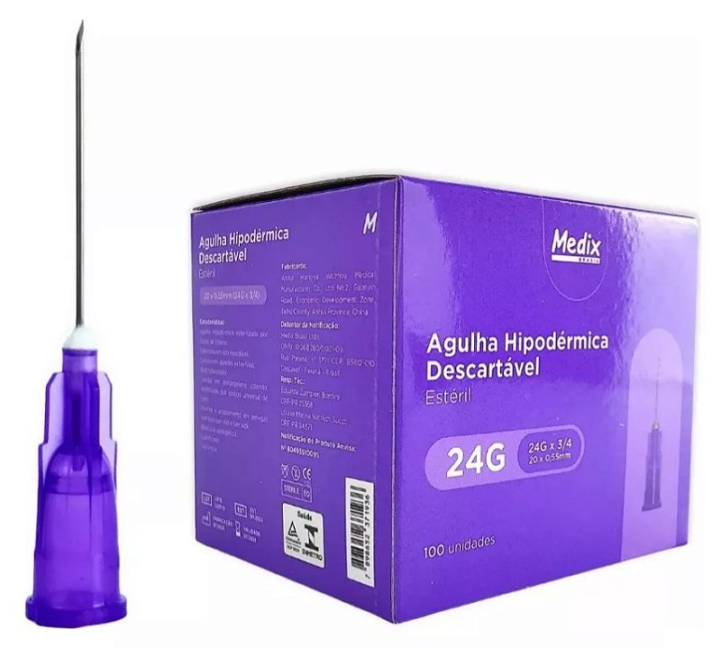Agulha Hipodérmica Descartável 20x0,55mm 24g (Roxa) Caixa C/100 - Medix ...