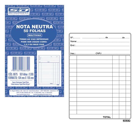 Nota Neutra s/ Cópia 104x143mm Preto Cód. 6875 - São Domingos - Loja ...