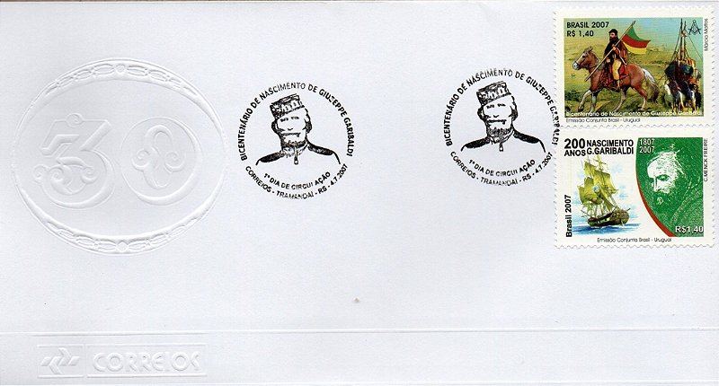 2007 Garibaldi 200 anos FDC-Olho-de-boi novo Carimbo Tamandaí-RS ...