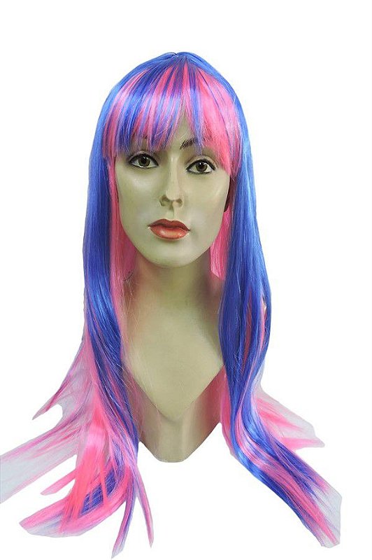 Peruca Carnaval Longa Azul Com Rosa - Loja Fantasia Bras