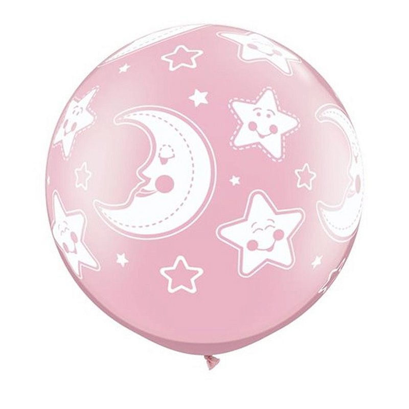 Balão de Festa Látex Liso Decorado - Lua e Estrela Rosa - 30" 76cm - 2 ...