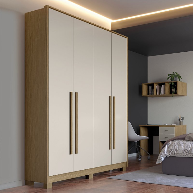 Guarda Roupa Solteiro 4 Portas 1,44m Rimo New Paranoá Carvalho/OffWhite - Loja Rimo - Móveis de ...