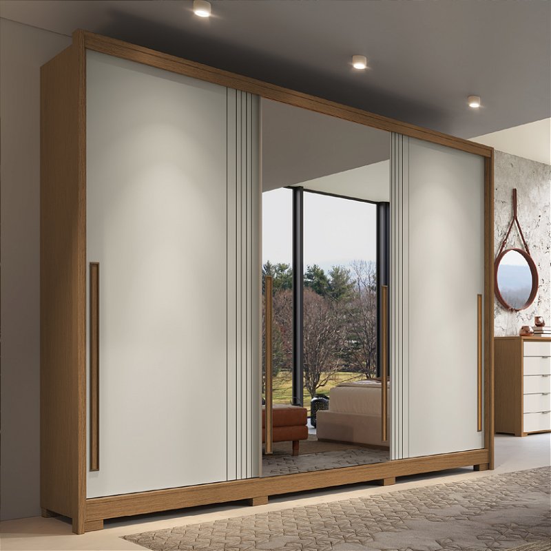 Guarda Roupa Casal 3 Portas de Correr Espelho 2,76m Rimo New Guarapari ...