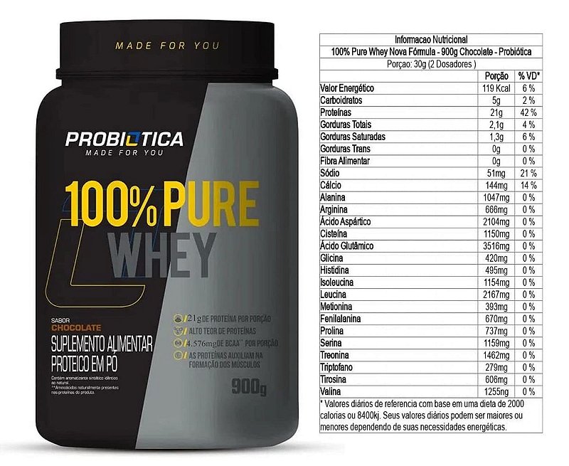 100% Pure Whey 900g - Probiótica - Chocolate - Empório Aruna