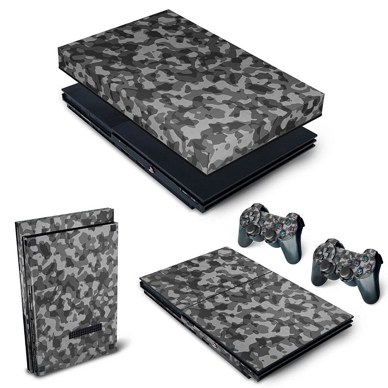 KIT PS2 Slim Skin e Capa Anti Poeira - Camuflada Cinza - Pop Arte Skins