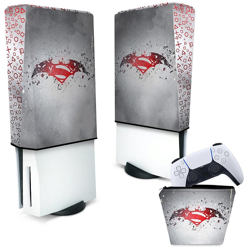 KIT Capa PS5 Fat e Case Controle - Batman Vs Superman Logo - Pop Arte Skins