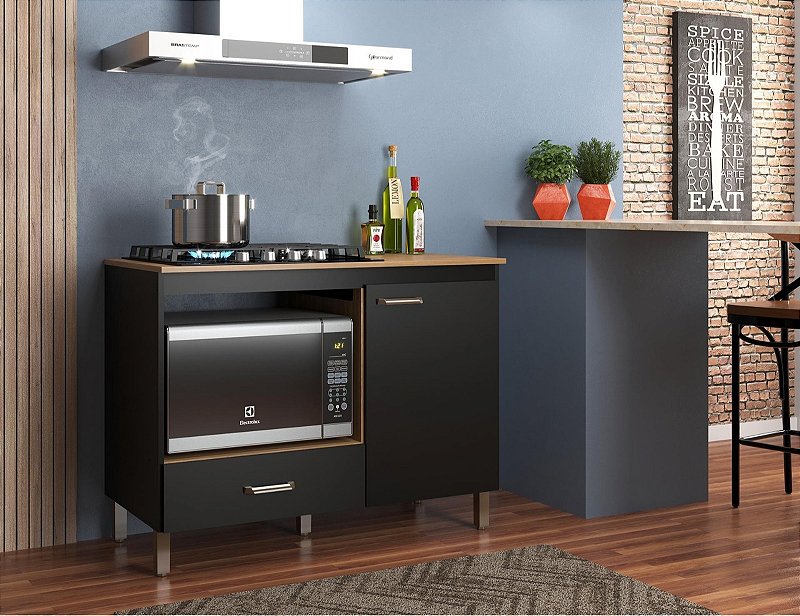 Balcão para cooktop 1 porta - Roma preto - Saimys Móveis
