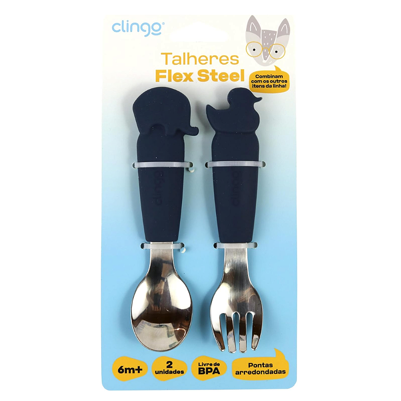 Kit Garfo e Colher Metal e Silicone Azul - Clingo - Baby Buys Brasil