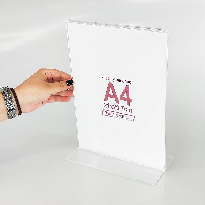 Display em acrílico modelo T (90 graus) mesa p/ papel A4 vertical ...