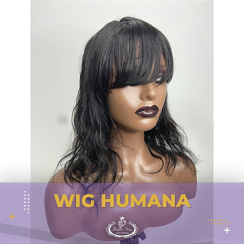 WIG DE CABELO HUMANO COM FRANJA LEVEMENTE ONDULADA 40CM - Perfect Wigs