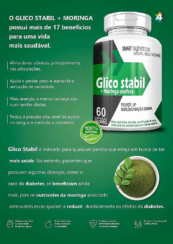 GLICO STABIL +MORINGA OLEIFERA 500MG 60 CAPS 4ELEMENTOS - Empório Leve