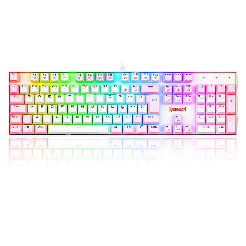 TECLADO MECÂNICO GAMER REDRAGON MITRA BRANCO E ROSA RGB - PrjInformatica