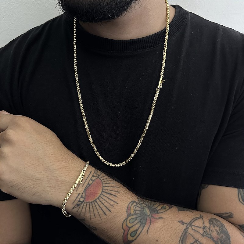 CORRENTE PERUANA FECHO CANHÃO ( 70cm-5mm) + PULSEIRA PERUANA FECHO CANHÃO ( 20cm-5mm) - BANHADO ...