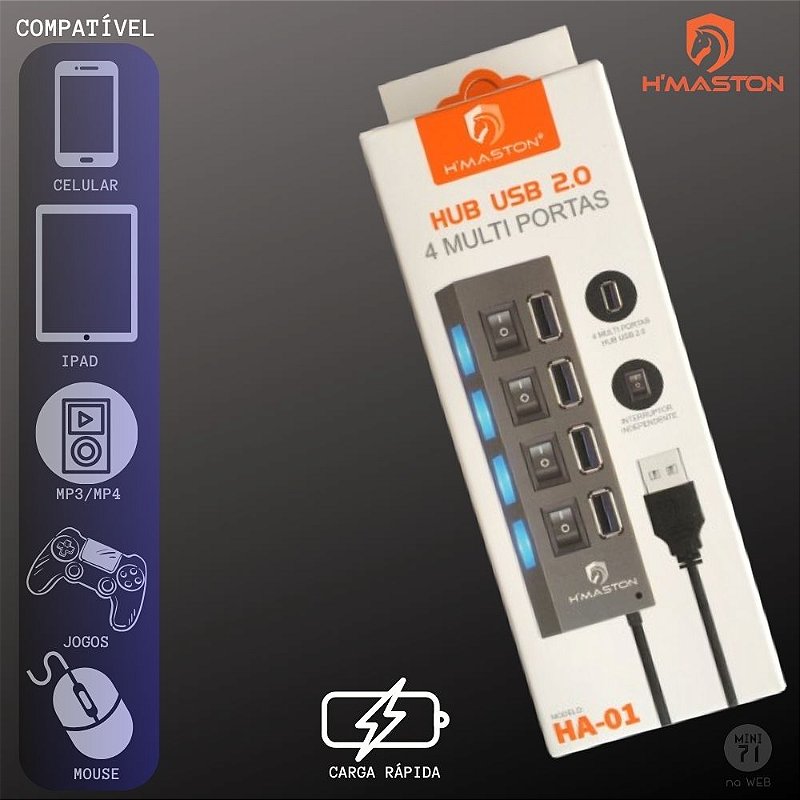 Hub Usb 2.0 - 4 Multi Portas - H'Maston - HA-01 - Mini71 na Web