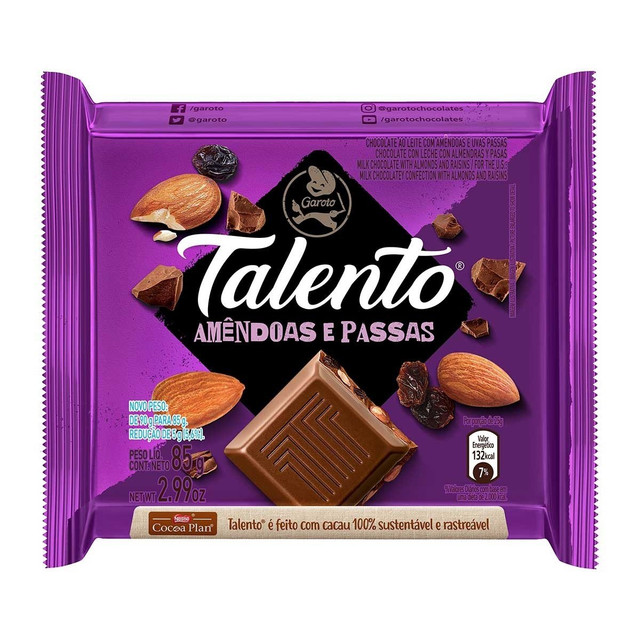 Chocolate Talento Amendoa Passas Roxo 85Gr - Embalagem 12X85 GR - Preço ...