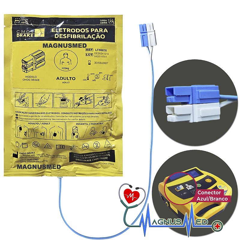 Eletrodo ( Pás ) Adulto Original Cmos Drake Life 400 Futura ( Conector Azul / Branco ) F7959W ...