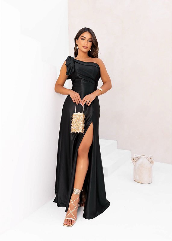 VESTIDO LONGO CETIM COM ELASTANO UM OBRO SÓ LAÇO FENDA LATERAL PRETO ...