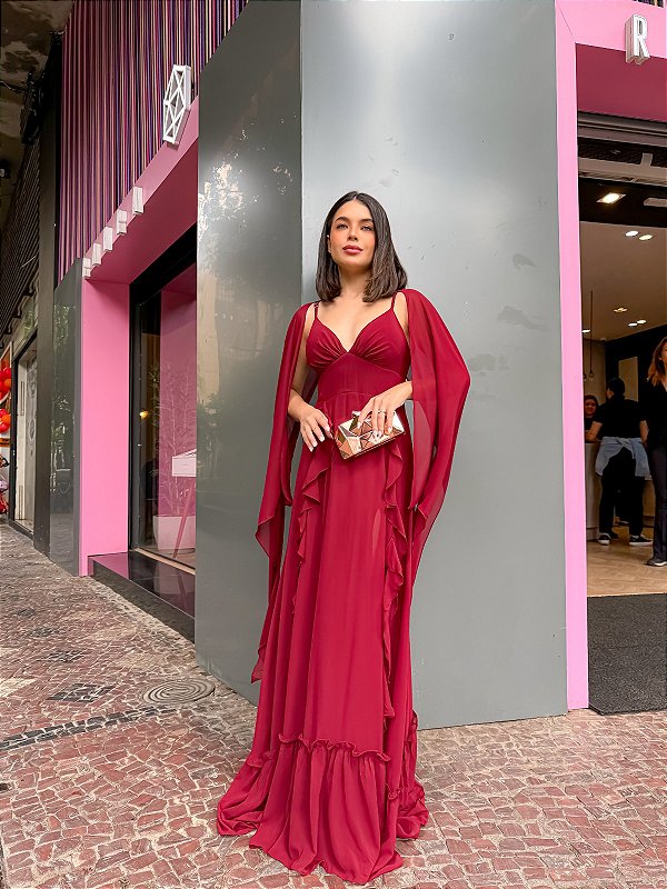 VESTIDO LONGO CHIFFON DECOTE V ALCINHA BABADO VERTICAL E FAIXA TERRA ...