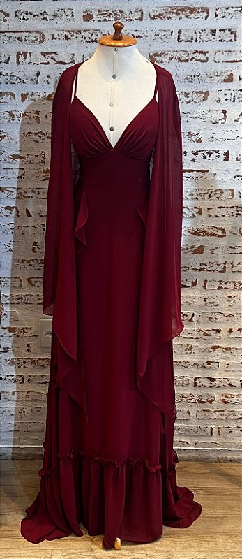 VESTIDO LONGO CHIFFON DECOTE V ALCINHA BABADO VERTICAL MARSALA - Santoô