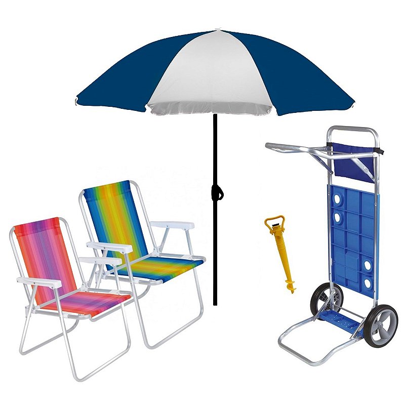 Kit Praia Carrinho + 2 Cadeira Alta Alumínio + Guarda Sol 1,8m + Saca ...