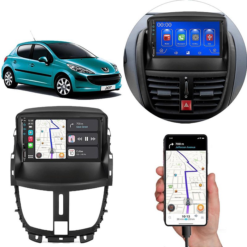 Reprodutor MP5 7" CarPlay Android Auto Peugeot 207 2009-2015 + câmera ...