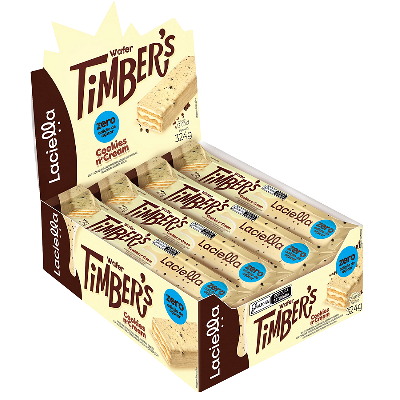 TIMBERS WAFER COOKIES'N CREAM ZERO 12 X 27G LACIELLA - Distra Alimentos