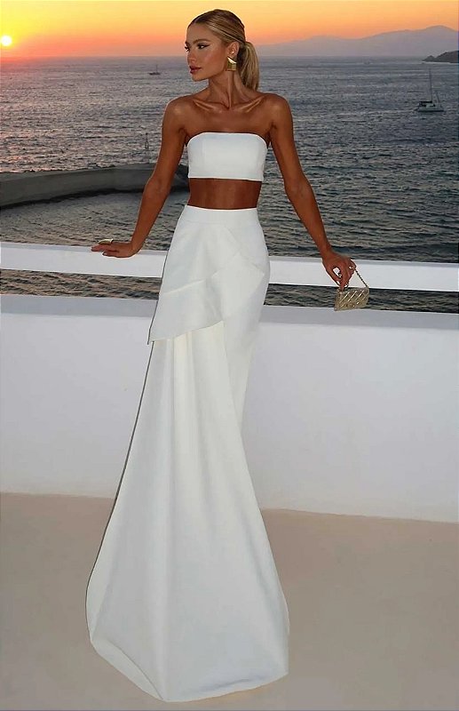 Conjunto de Crepe Off-white Com Top e Saia Longa Oh My Glow - Camerom