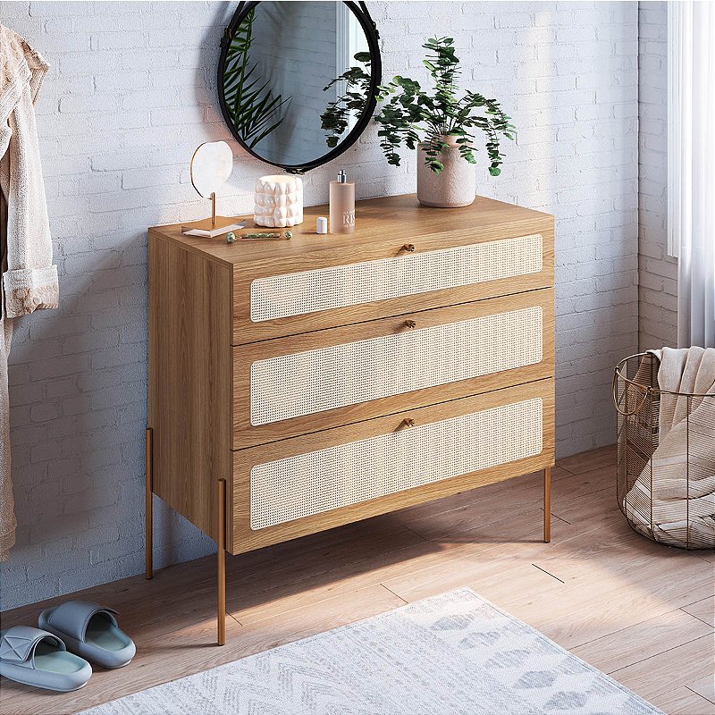 Cômoda Retrô Industrial 93cm com 3 Gavetas Palhinha Pés Metal ...