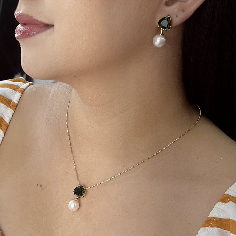Conjunto Pérola com Pedra Verde Semijoia 18k - MCJ109 - ZAROH JOIAS ATACADO