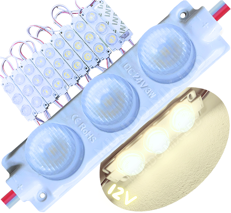 módulo led mega lente 3030 3w 12v 3-leds branco morno 4000k ip67 12vol ...