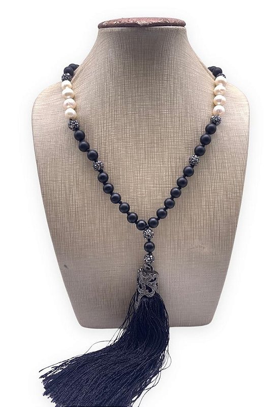 Colar de murano com pérola natural e strass 122cm - Jade Stone