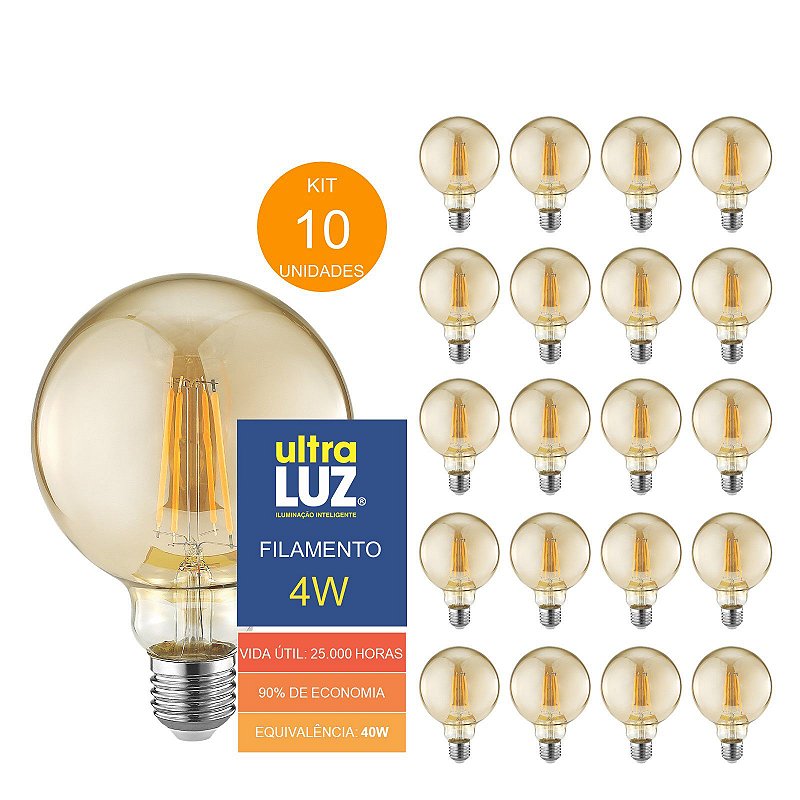 KIT 10 Unidades - Filamento G95 4W 2300K Âmbar - Ultraluz Atacado