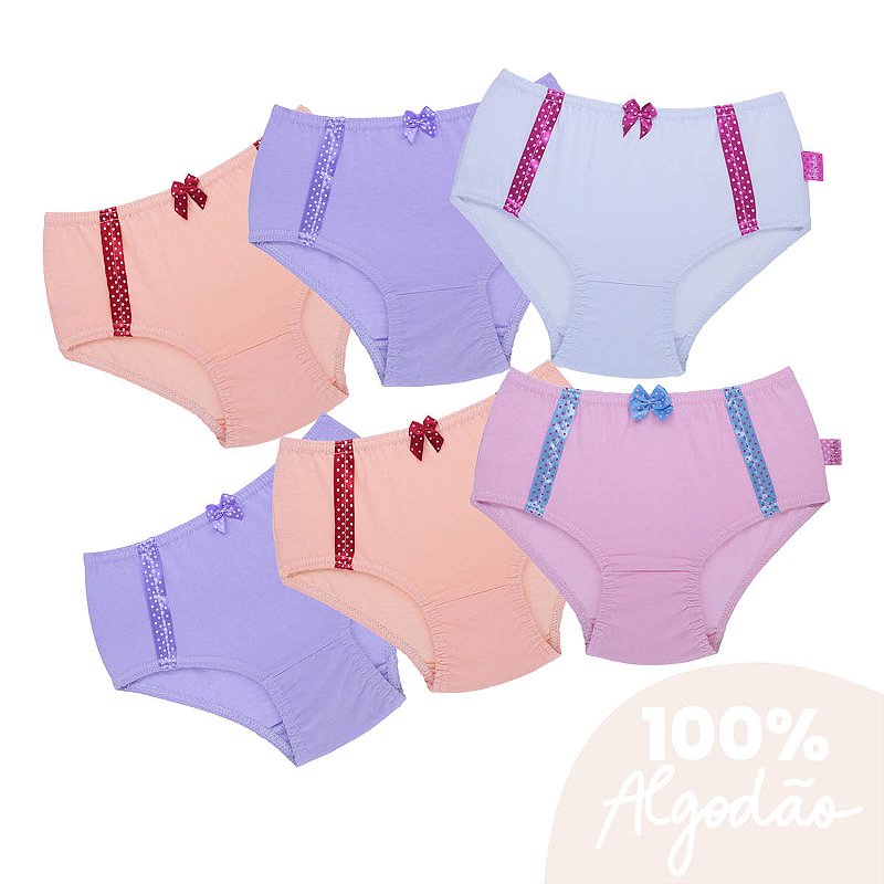 Pack com 6 Calcinhas Infantis 100% Algodão - Calcinhas de Algodão